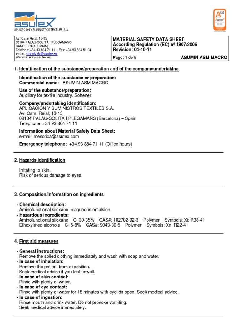 Asumin Asm Macro 6638 Msds | PDF | Toxicity | Chemistry