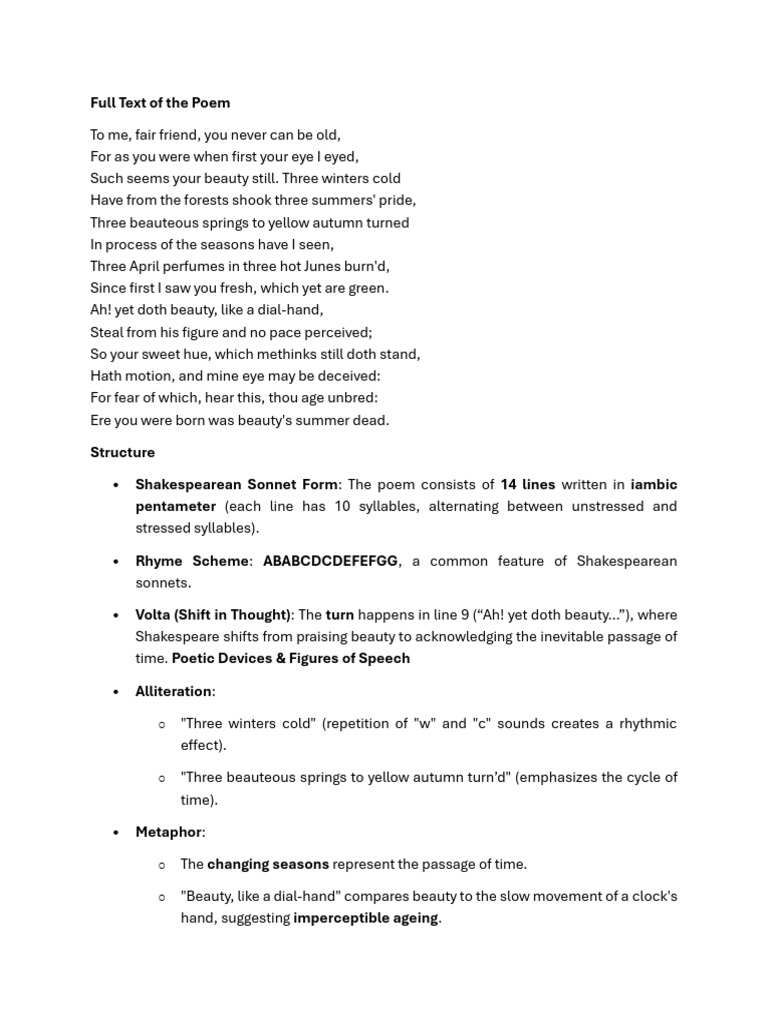 Sonnet 104 Analysis, Shakespearan sonnet analysis | PDF