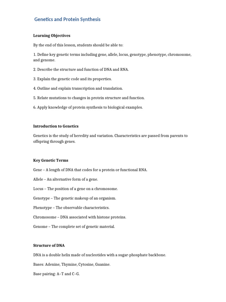Genetics and Protein Synthesis | PDF | Rna | Dna
