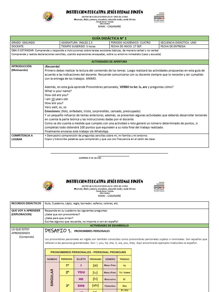 GUIA ingles grado segundo, periodo cuarto | PDF | Verbo | Pronombre
