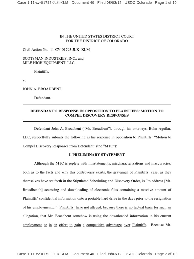 Broadbent Response To Motion To Compel | PDF | Discovery (Law) | Lawsuit
