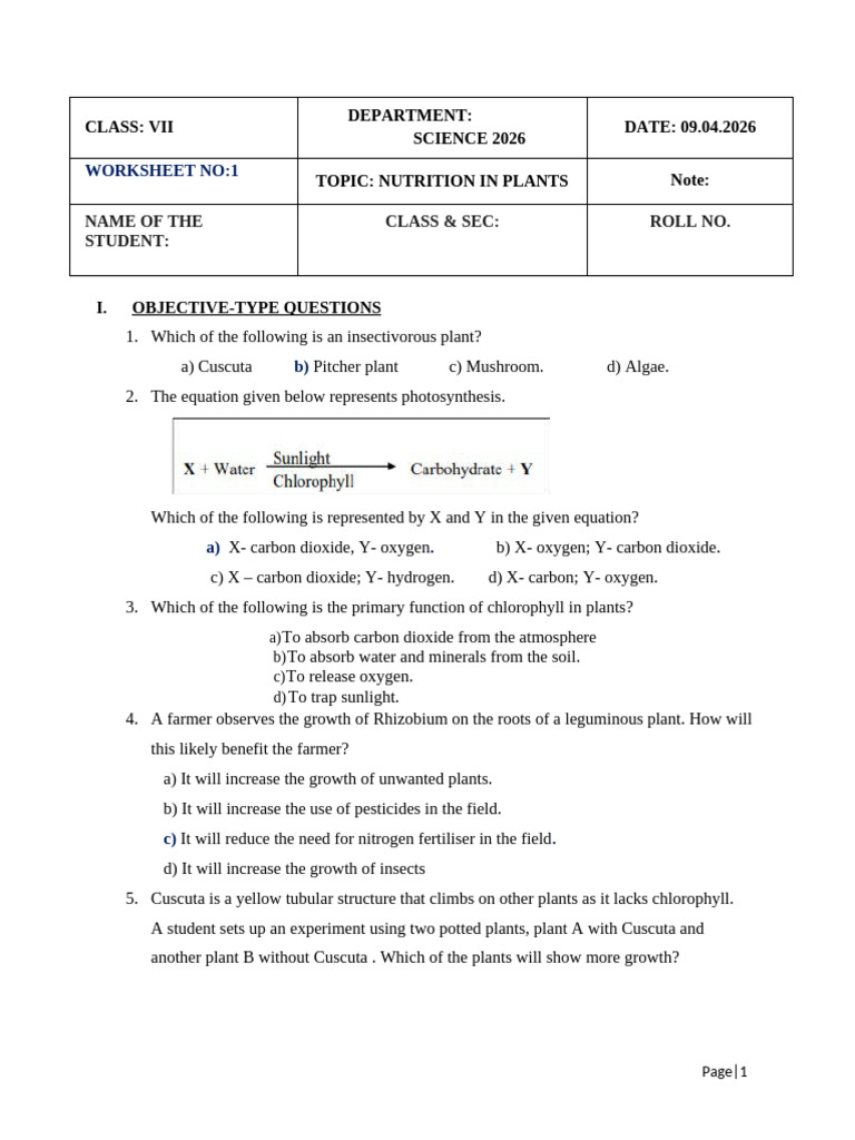 Worksheet Class 7 - Science - Nutrition in Plants (1) | PDF | Plants ...