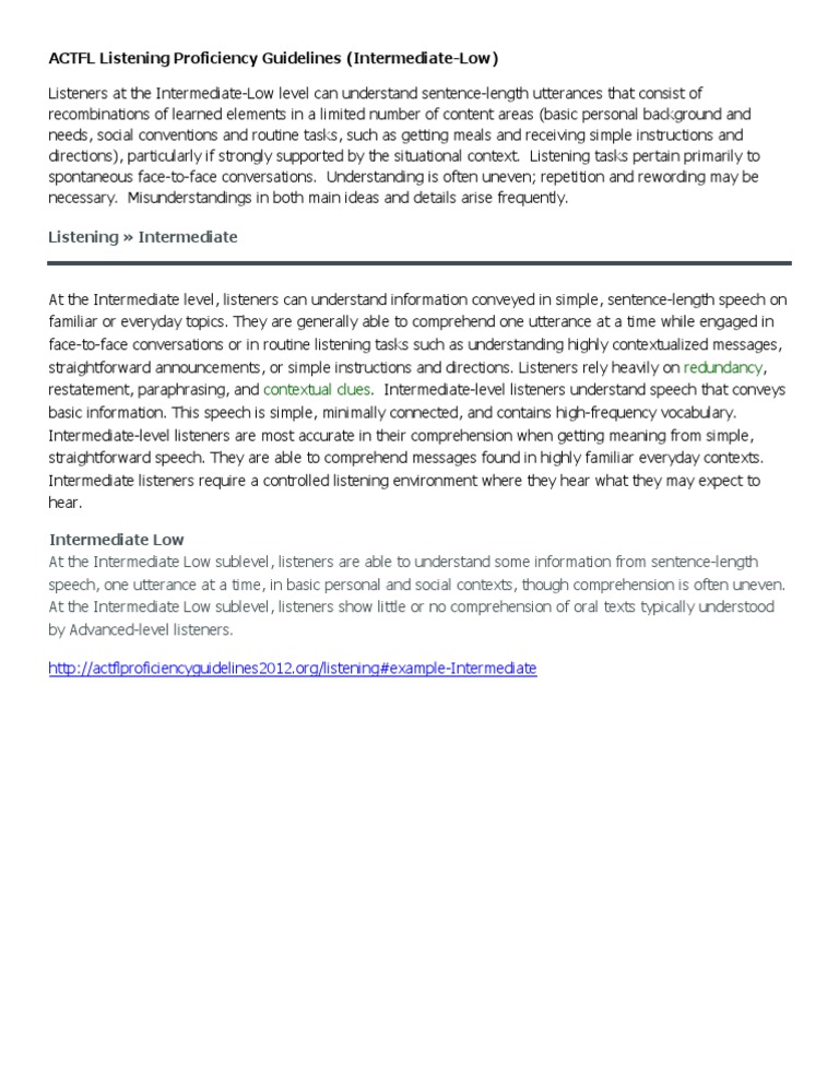 ACTFL Intermediate-Low Listening Skills | PDF