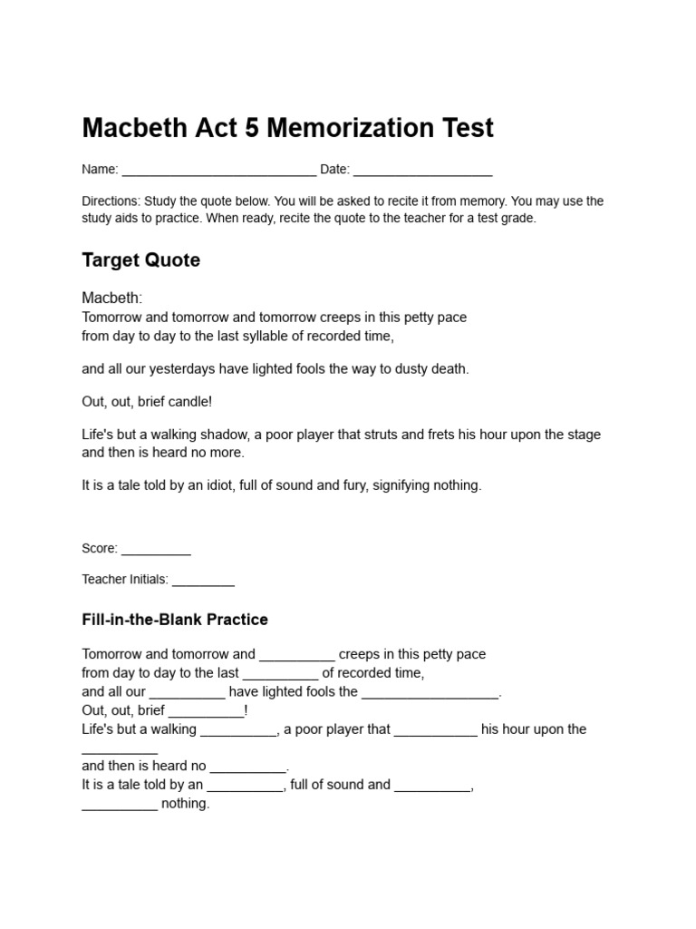 Macbeth Act 5 Memorization Test | PDF