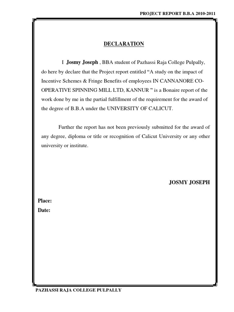 Declaration: PROJECT REPORT B.B.A 2010-2011 | PDF | Employee Benefits ...