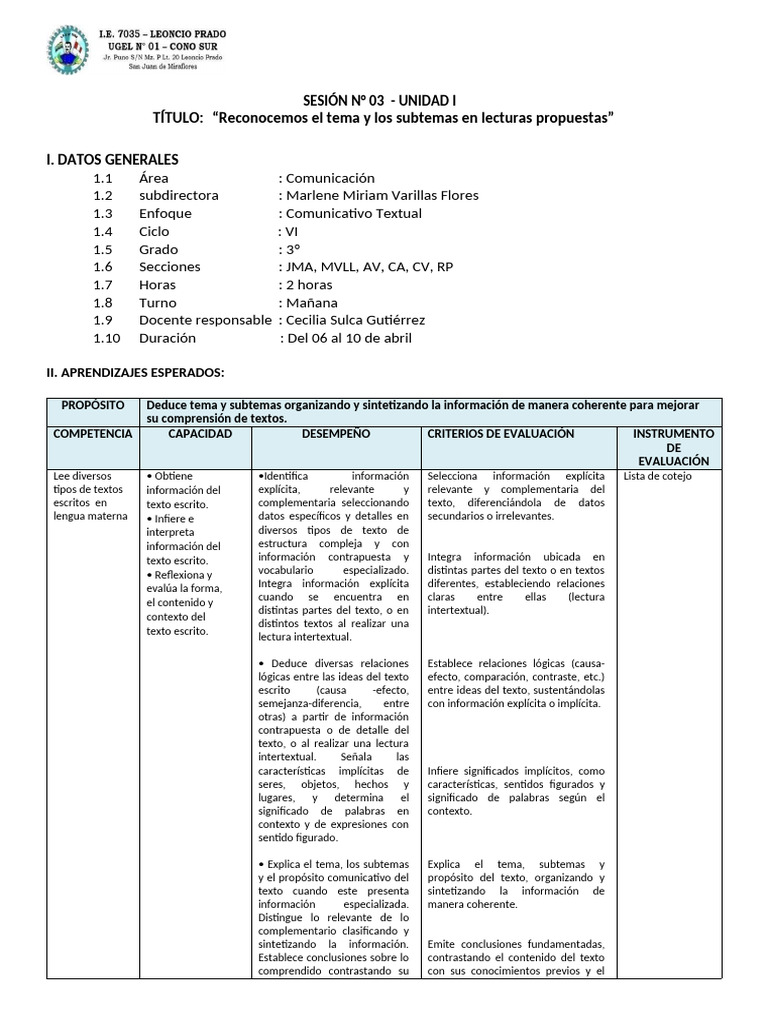 SESIÓN 3 - UNIDAD 1 _ Reconocemos Tema, Subtema | PDF | Aprendizaje ...