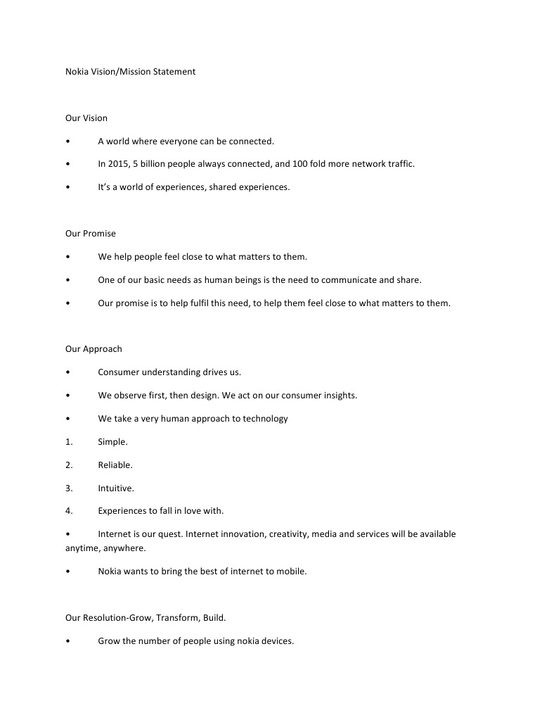 Analysis of Mission and Vision Statement of Nokia | PDF | Self Concept ...