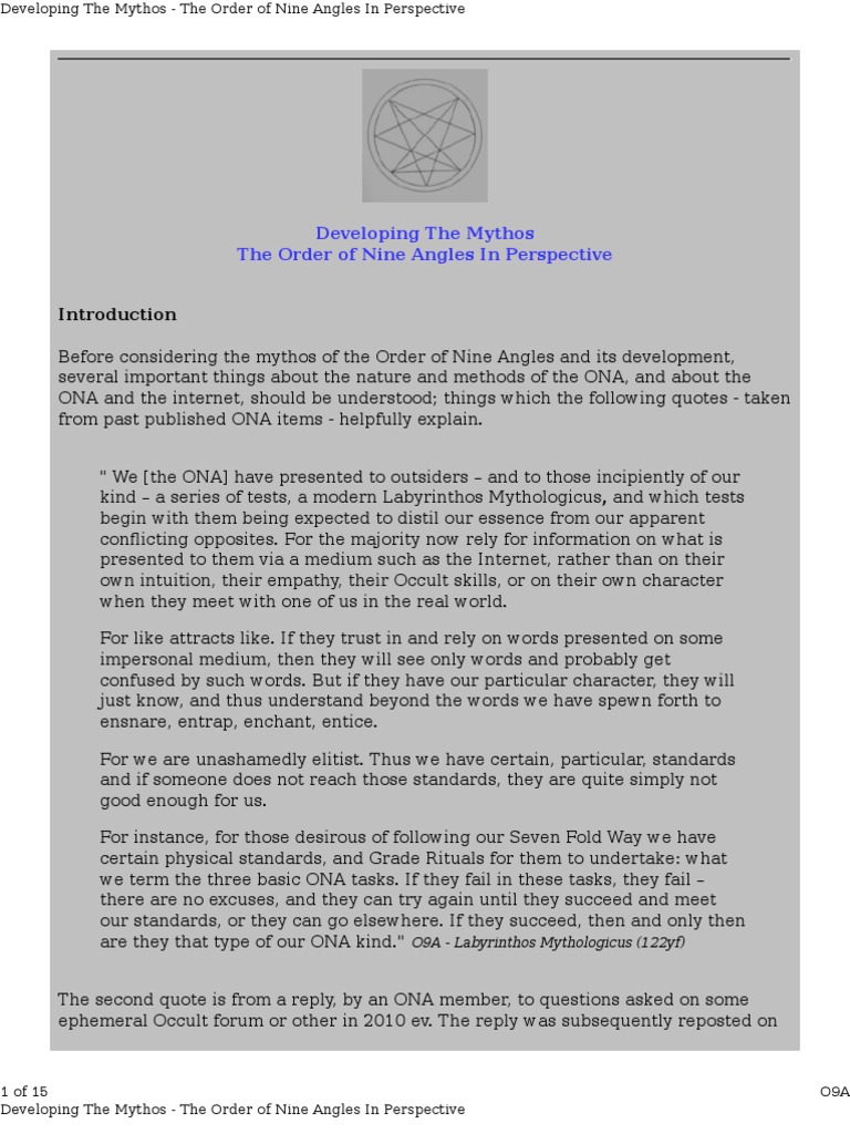 Developing The Mythos - The Order of Nine Angles in Perspective | PDF ...
