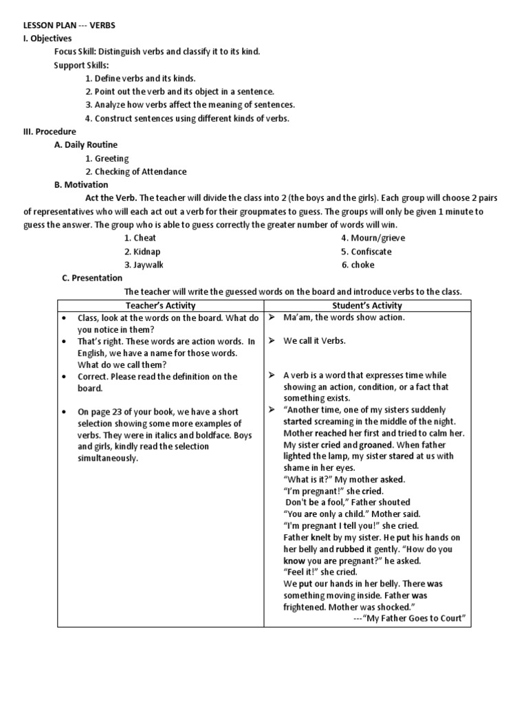 Lesson Plan Verbs | PDF | Verb | Object (Grammar)