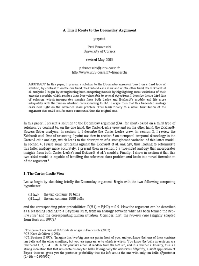 A Third Route To The Doomsday Argument: 1. The Carter-Leslie View | PDF ...