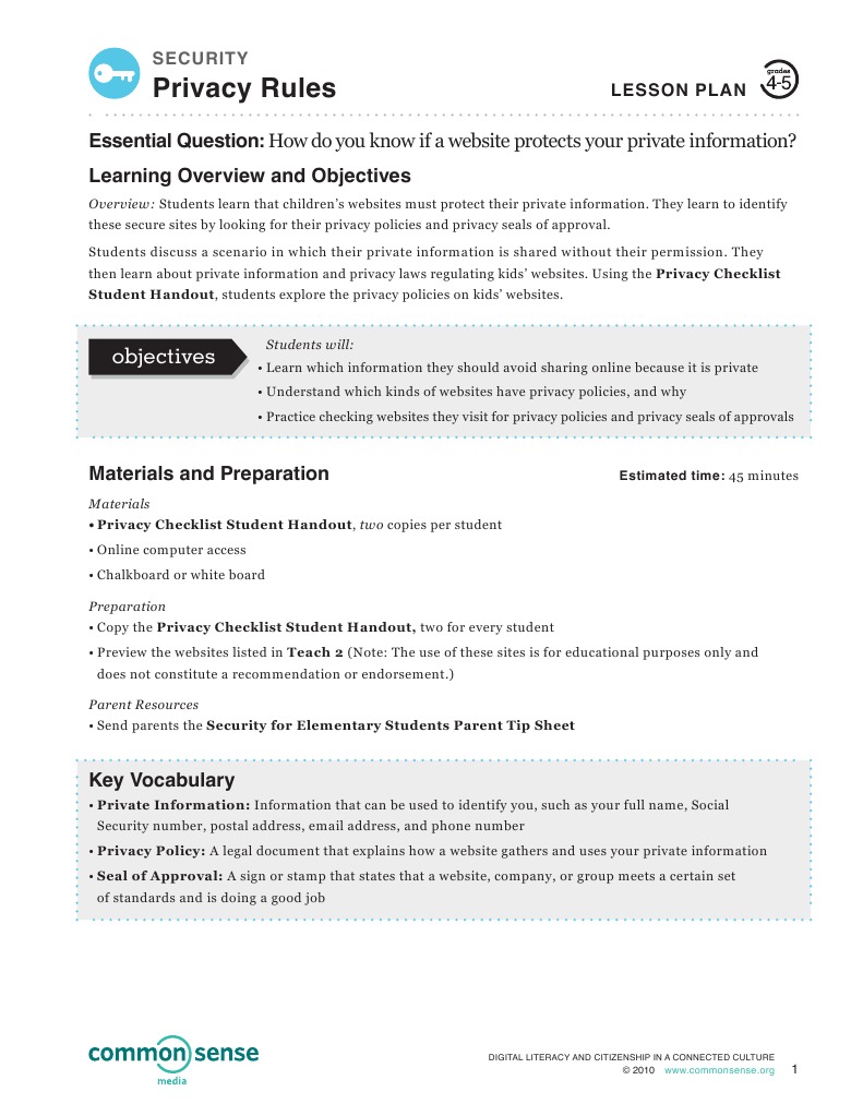 Kids' Privacy Protection Lesson Plan | PDF | Internet Privacy | Privacy ...