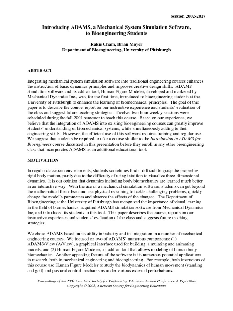Introducing ADAMS, A Mechanical System Simulation Software, To ...