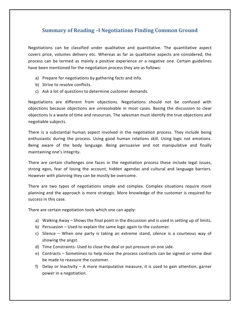 Summary of Reading - I Negotiations Finding Common Ground | PDF ...