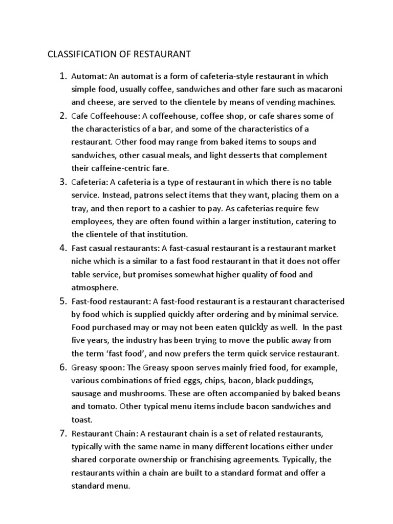 Restaurant and Catering Classifications | PDF | Restaurants | Coffeehouse