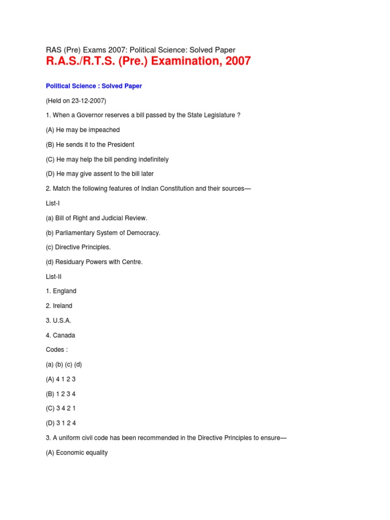 R.A.S./R.T.S. (Pre.) Examination, 2007: RAS (Pre) Exams 2007: Political ...