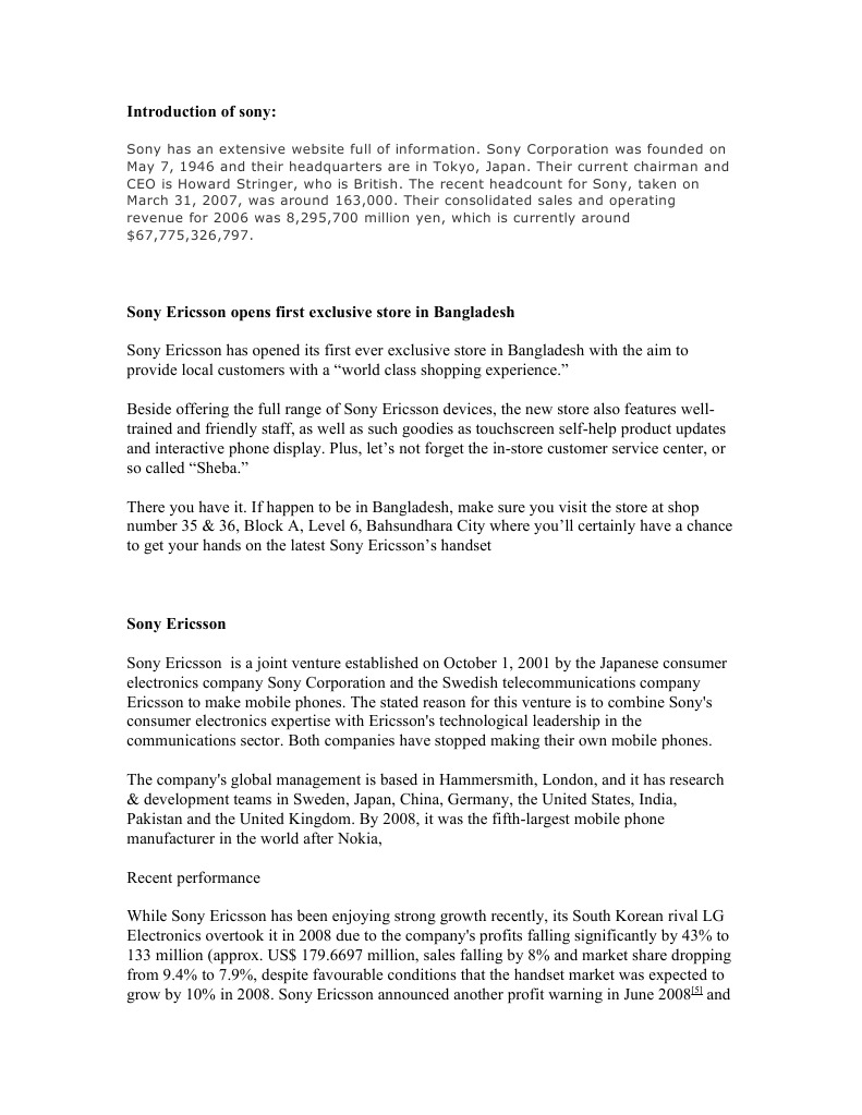 Introduction of Sony | PDF | Ericsson | Sony