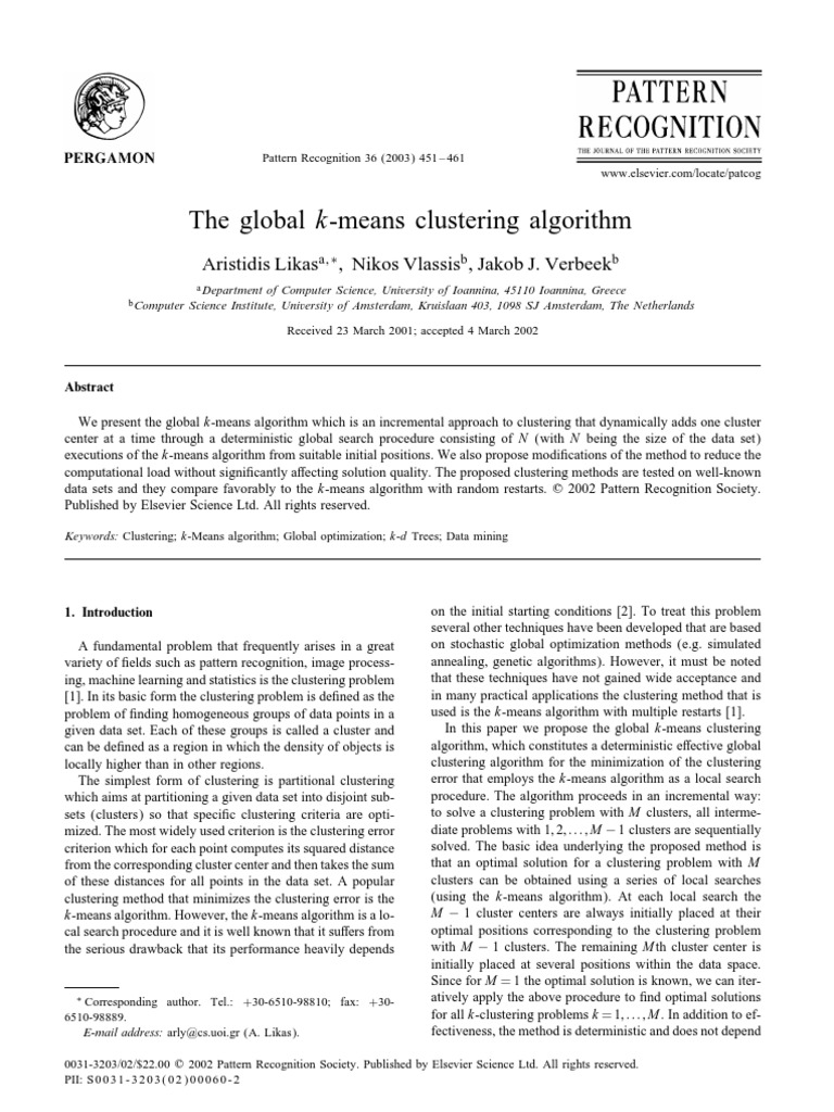 The Global K-Means Clustering Algorithm: Aristidis Likas, Nikos Vlassis, Jakobj. Verbeek | PDF ...