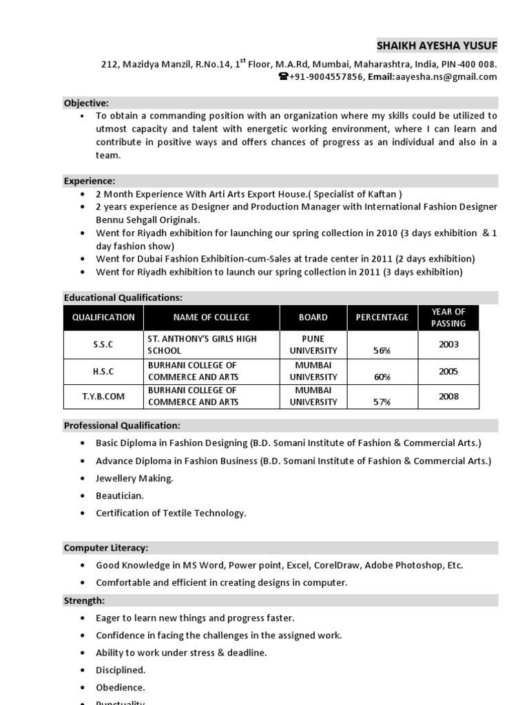 Ayesha Resume | Download Free PDF | Fashion | Further Education