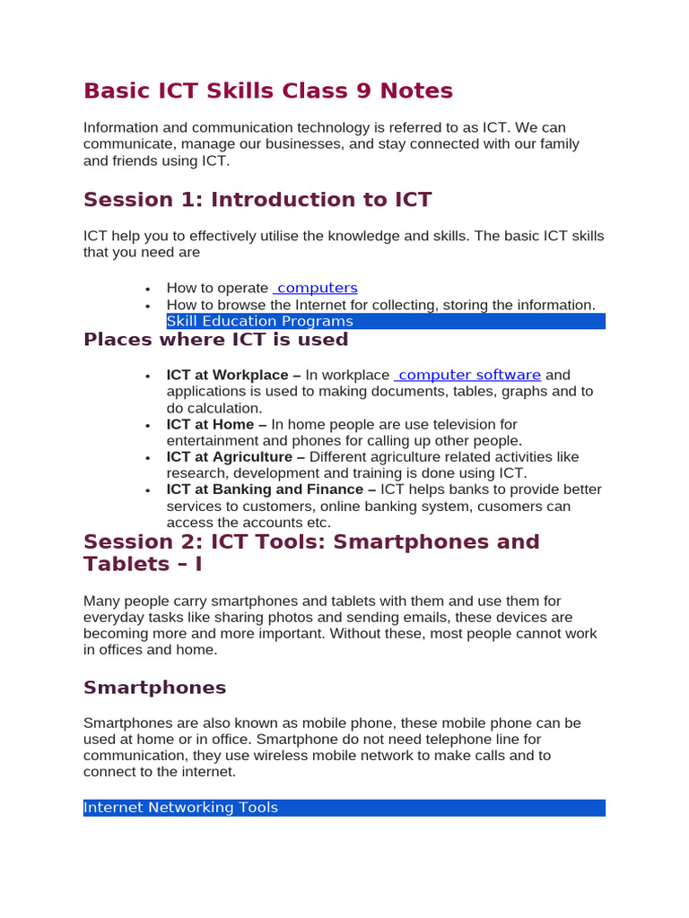 Basic ICT Skills Class 9 Notes | PDF | World Wide Web | Internet & Web