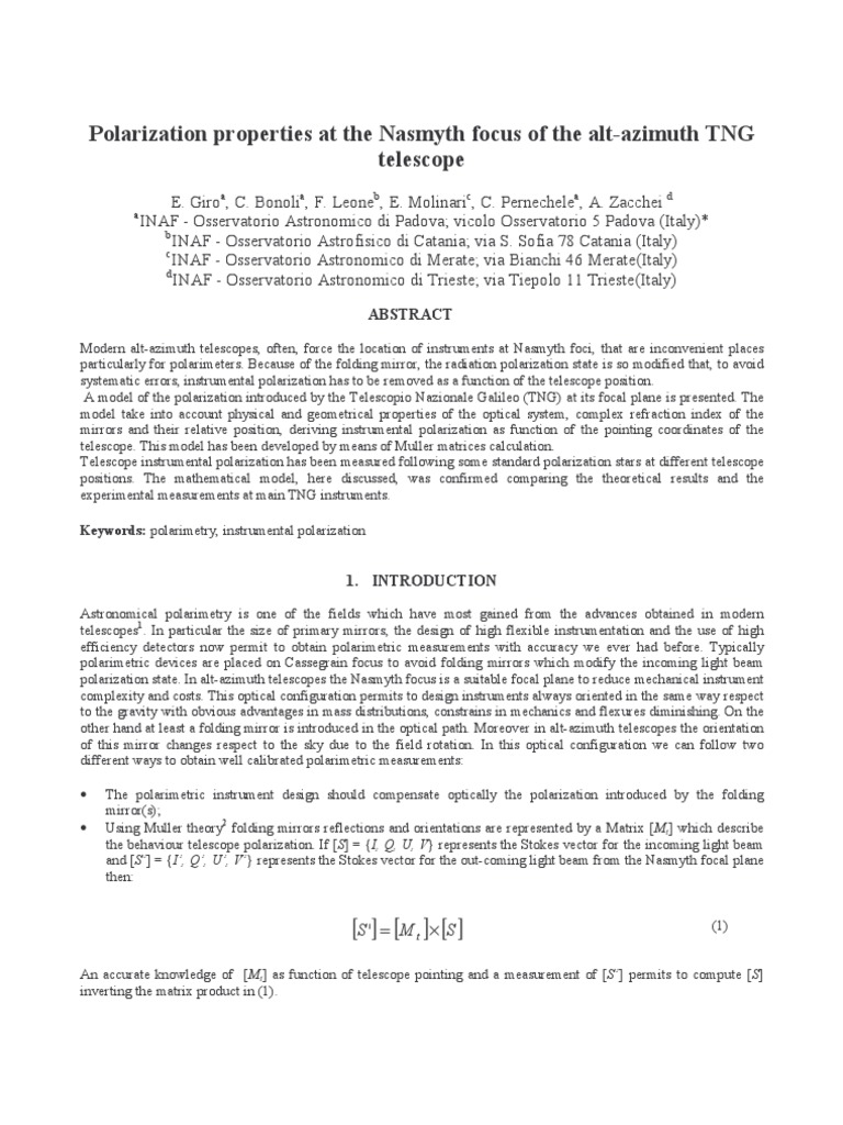 Polarization Properties at The Nasmyth Focus of The Alt-Azimuth TNG ...
