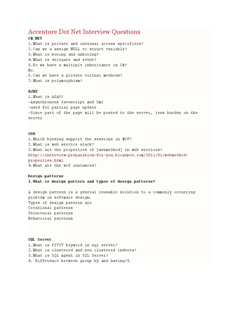 Accenture Dot Net Interview Questions | PDF | C Sharp (Programming Language) | Component Object ...