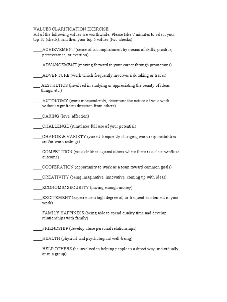 Values Clarification Exercise | Value (Personal And Cultural ...