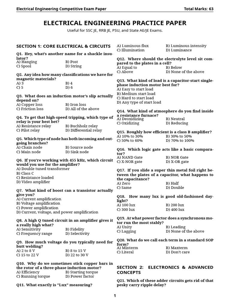 Electrical Engineering Exam Paper_01 | PDF | Amplifier | Inductor