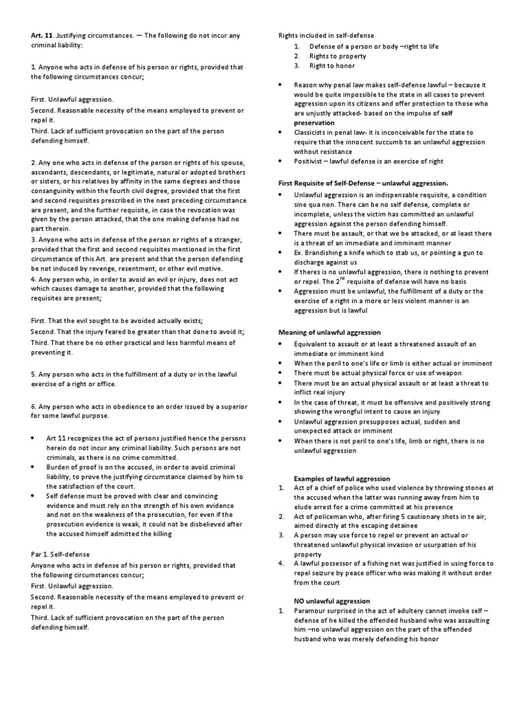 Art 11 12 Reviewer cRIM | PDF | Assault | Self Defense