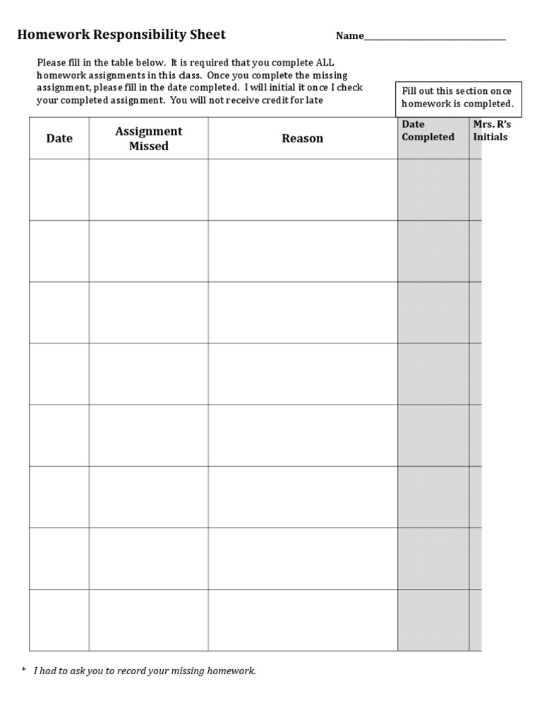 Missing Homework Responsibility Sheet | PDF