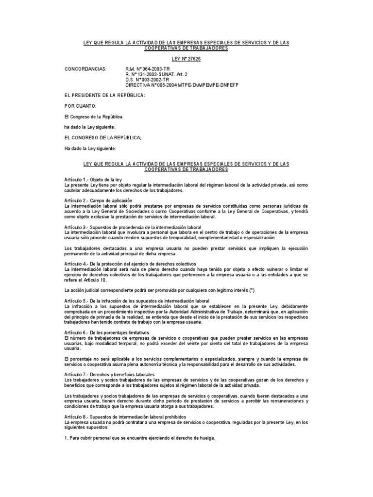 Ley 27626 Que Regula La Act. de Las Empresas Especiales de Serv. y de Las Coop. de Trab | PDF ...