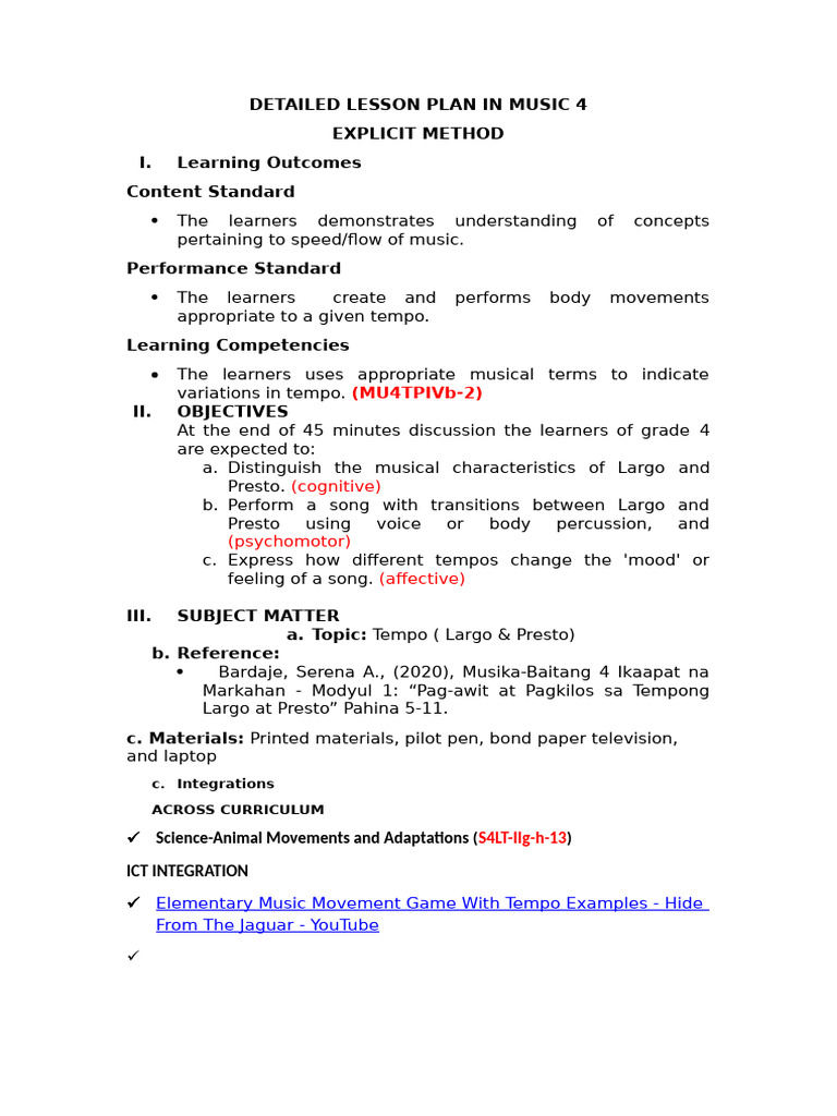 DETAILED LESSON PLAN IN MUSIC 4 | PDF | Tempo | Learning