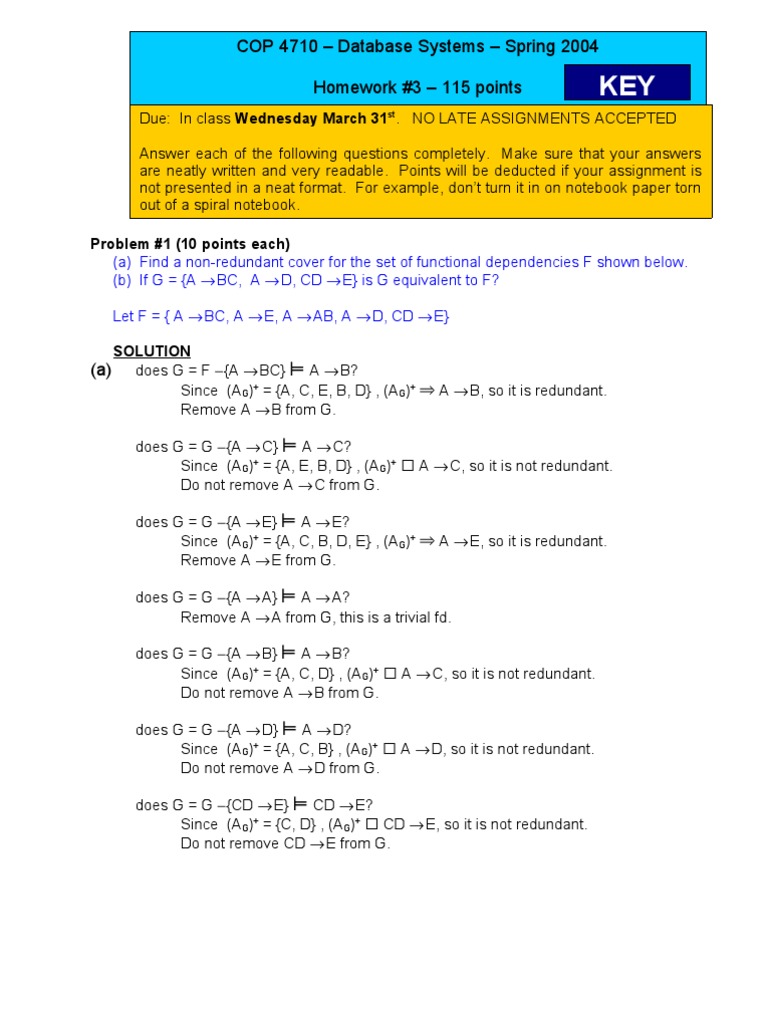 COP 4710 - Database Systems - Spring 2004 Homework #3 - 115 Points | PDF | Computer Data | Data ...