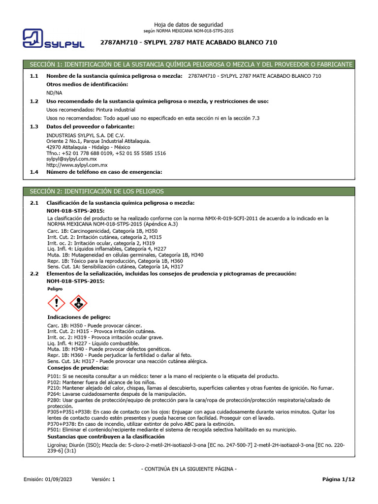 Msds 2787 Mate Blanco Esp (Sylpyl) | PDF | Residuos | Toxicidad