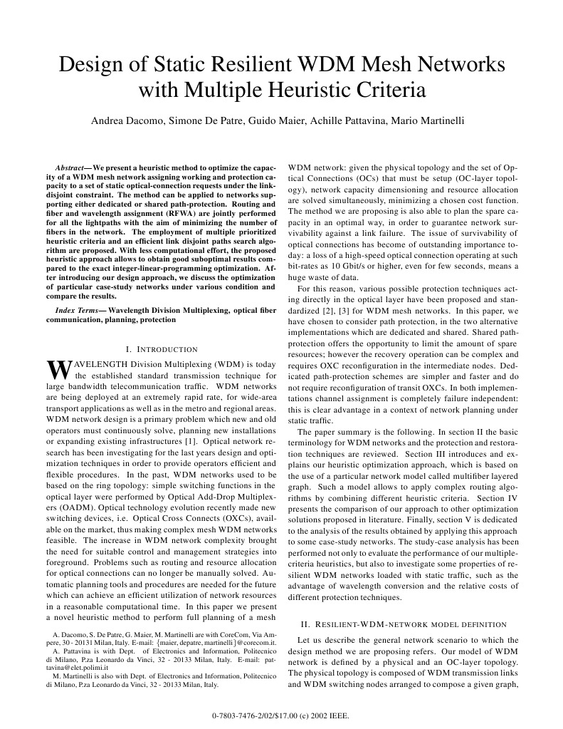 Design of Static Resilient WDM Mesh Networks With Multiple Heuristic Criteria | PDF | Network ...