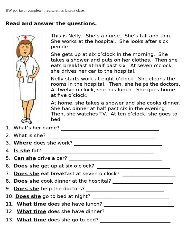 HW 5 Nelly the Nurse Reading Comprehension Reading Comprehension ...