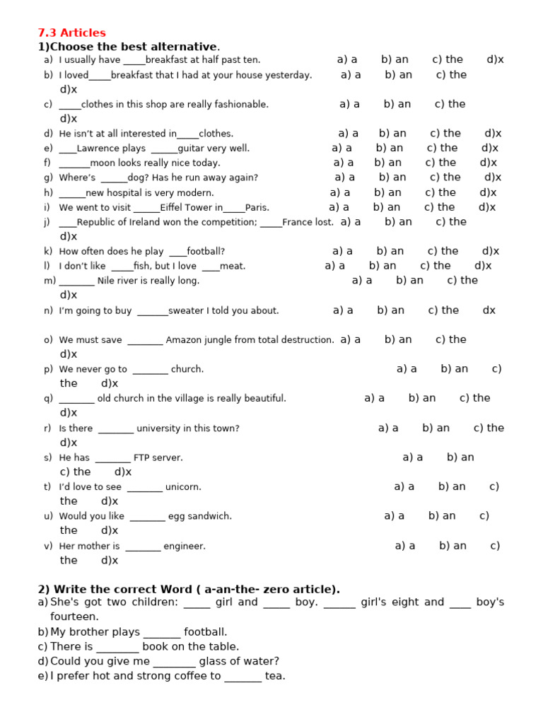 7.3 Worksheet Articles IM | PDF