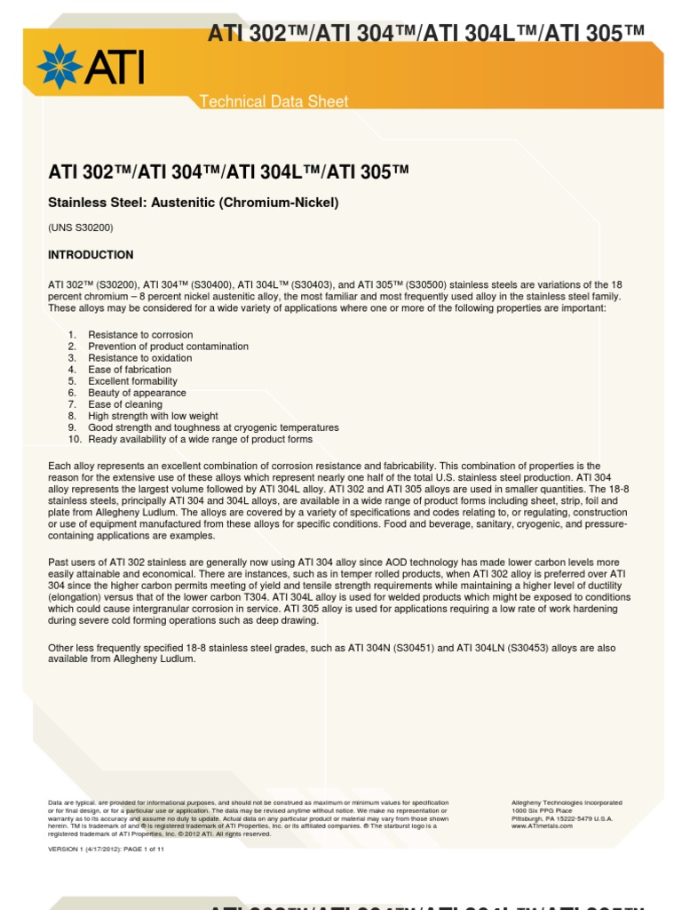 Ati 302™/ati 304™/ati 304l™/ati 305™ | PDF | Heat Treating | Stainless ...