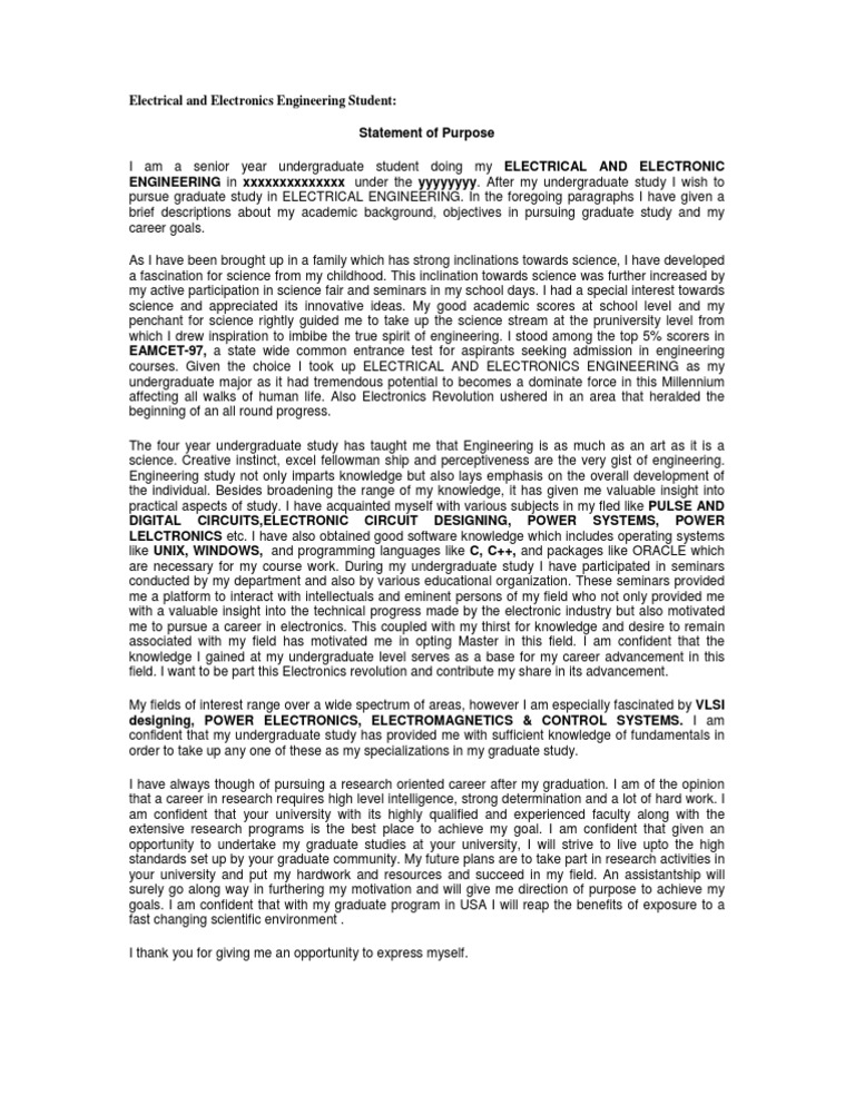 Statement of Purpose: Electrical Engineering | PDF | Graduate School ...