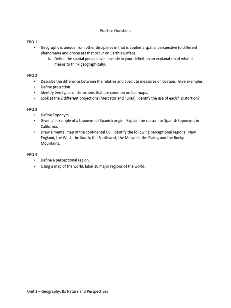 Unit 1 - Practice MC and FRQ Questions | PDF | Longitude | Map