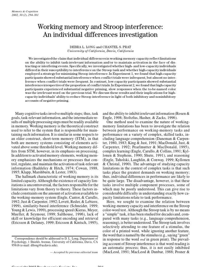 Working Memory and Stroop Interference - An Individual Differences Investigation | PDF | Working ...