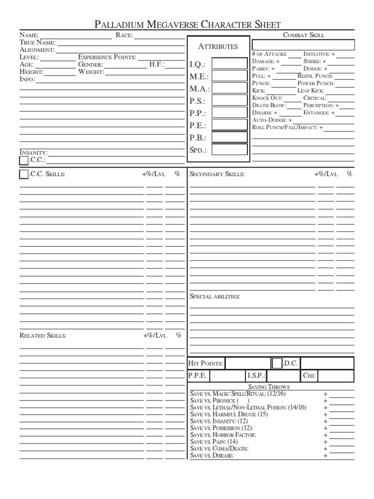 Palladium Megaverse Character Sheet | PDF