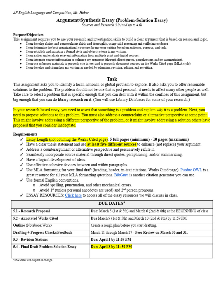 Problem_Solution Synthesis Essay | PDF | Essays | Argument