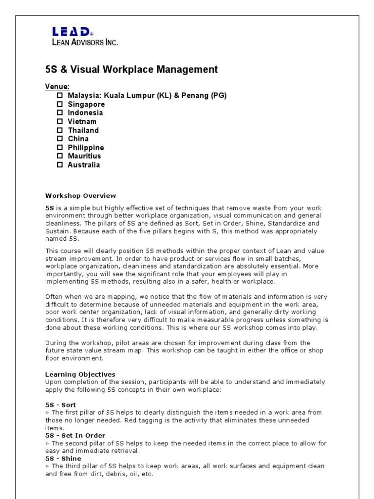 5S & Visual Workplace Management Workshop/Training | PDF | Lean ...