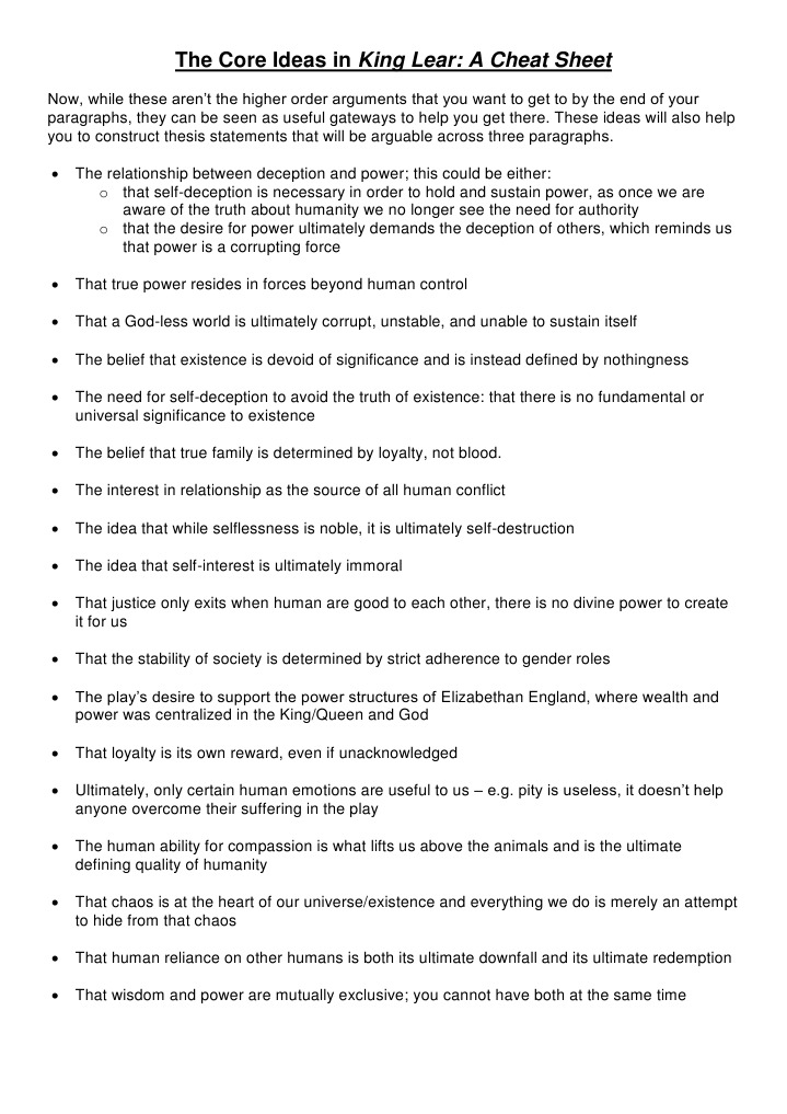The Core Ideas in King Lear: A Cheat Sheet | PDF