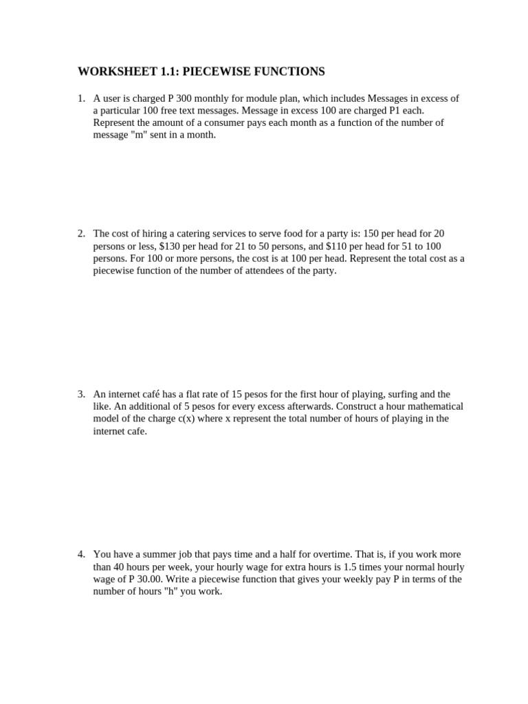 Worksheet 1.1-Piecewise Functions | PDF