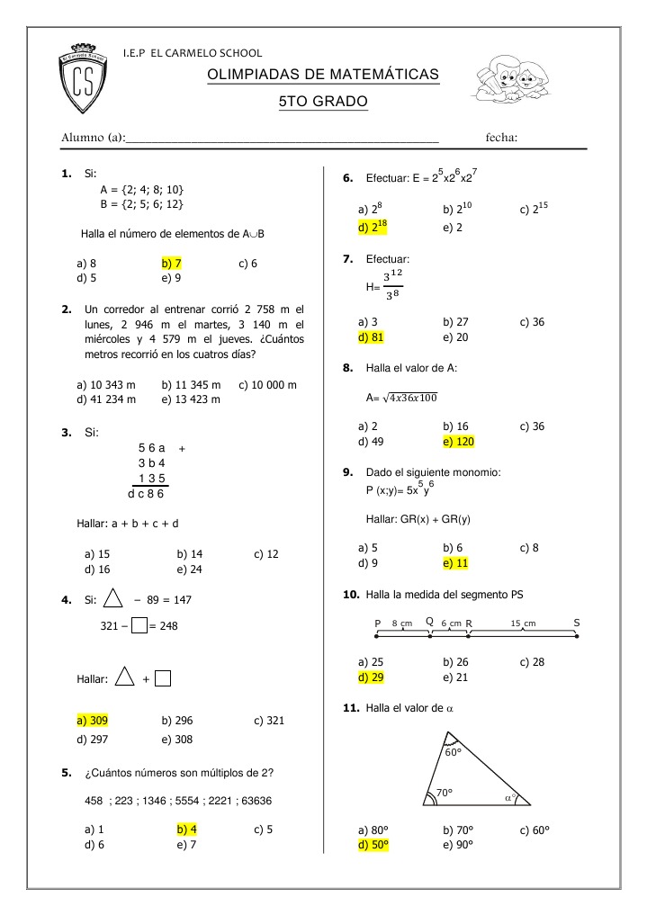 Olimpiadas De Matemáticas 5To Grado: Alumno (a