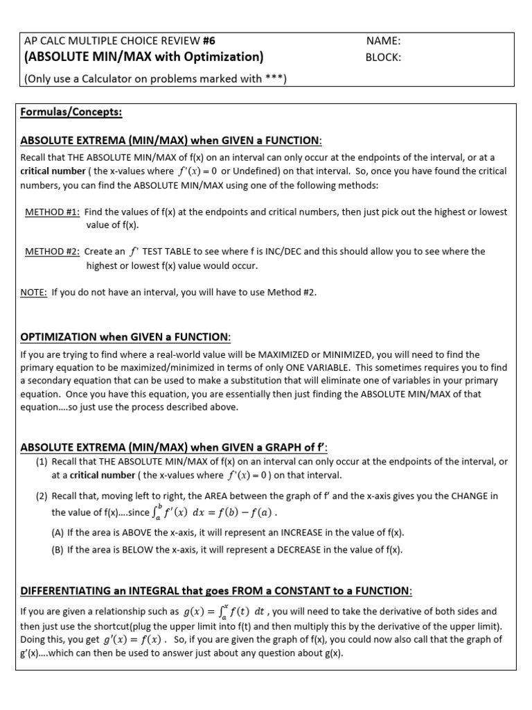 AP+CALC+MC+REVIEW#6+(Short) | PDF | Mathematical Optimization ...
