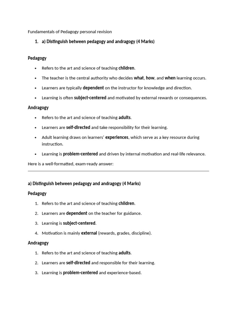 Fundamentals of Pedagogy Personal Revision | PDF | Learning | Teachers