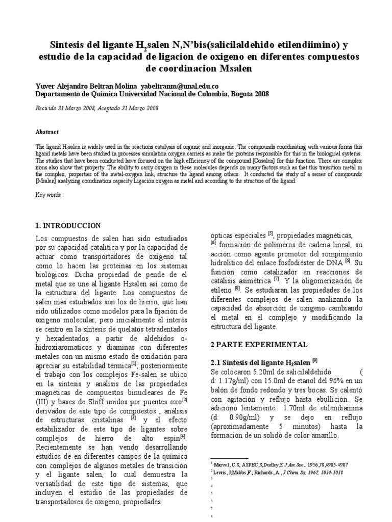 Sintesis Del Ligante H2salen N | PDF | Complejo de Coordinación | Átomos