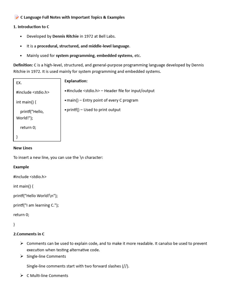 ? C Language Full Notes With Important Topics | PDF | Integer (Computer ...